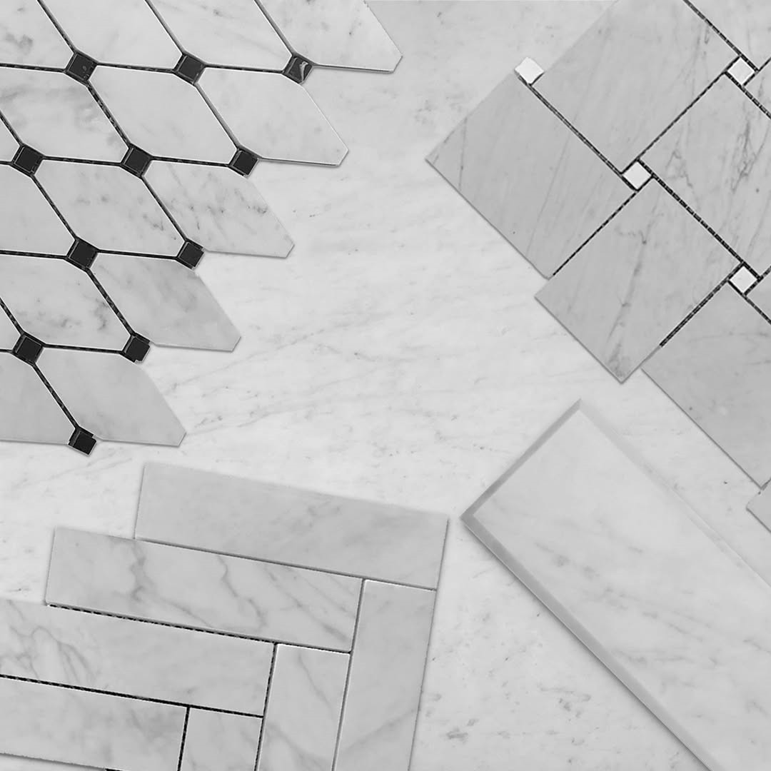 Carrara Large Basketweave with Dolomiti Dots Mosaic Tile