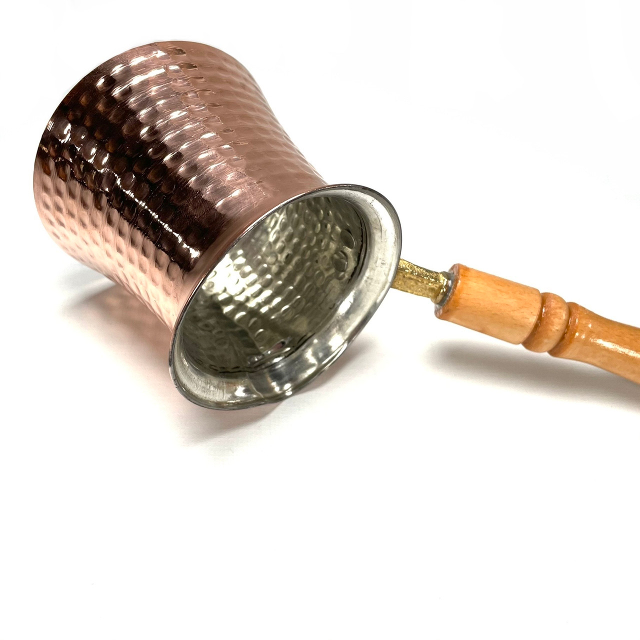 Turkish Coffee Pot Cezve Copper with Nickle Lining and Wood Handle 1 1/ ...
