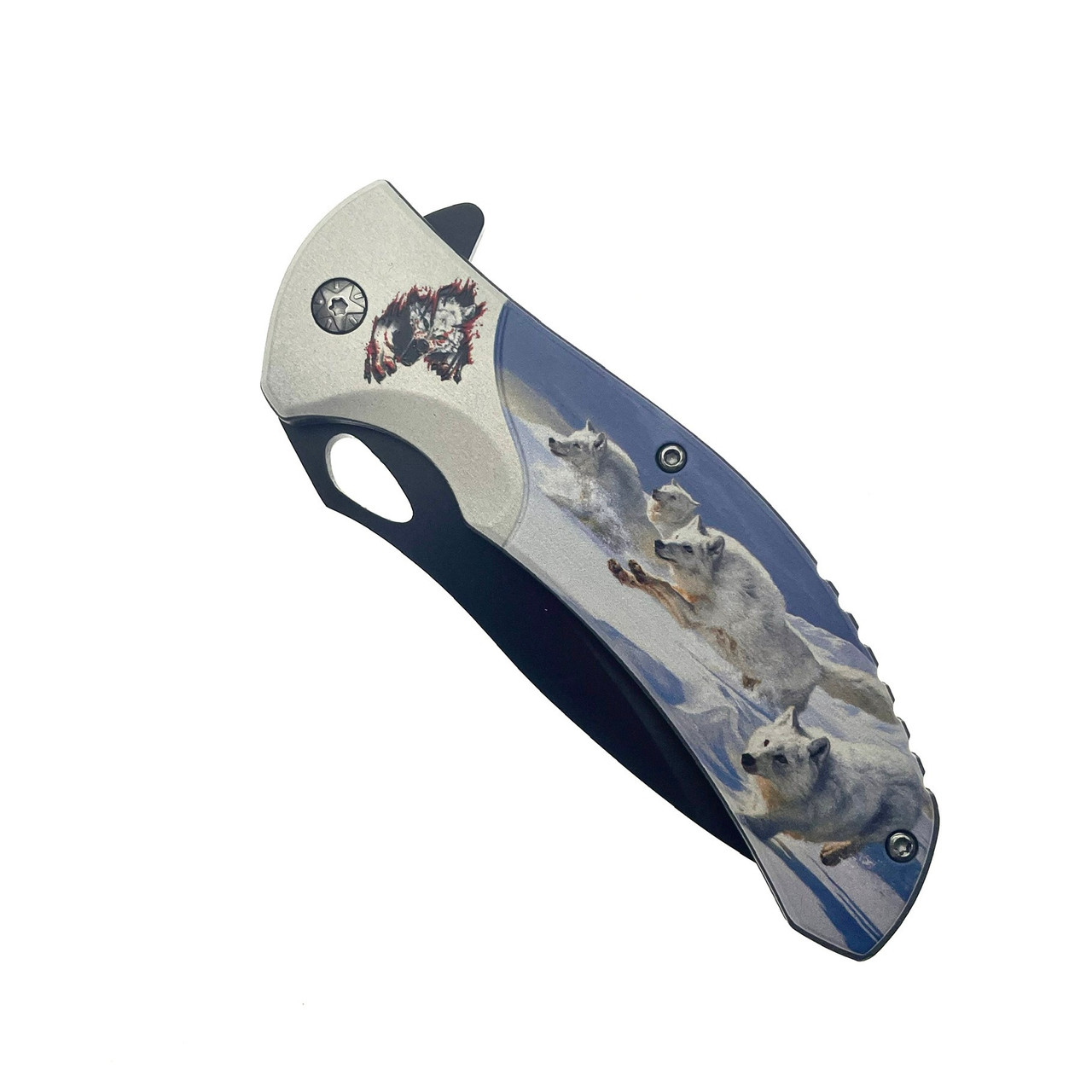 White Wolves Running Pocket Knife 8" Long Opened - Paykoc Imports, Inc.