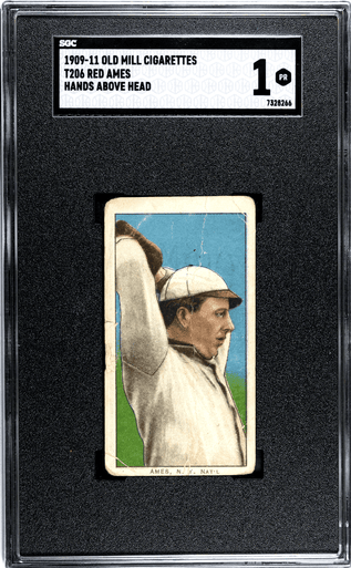 SGC 1 1909-11 T206 Red Ames Hands Above Head, Backstamped