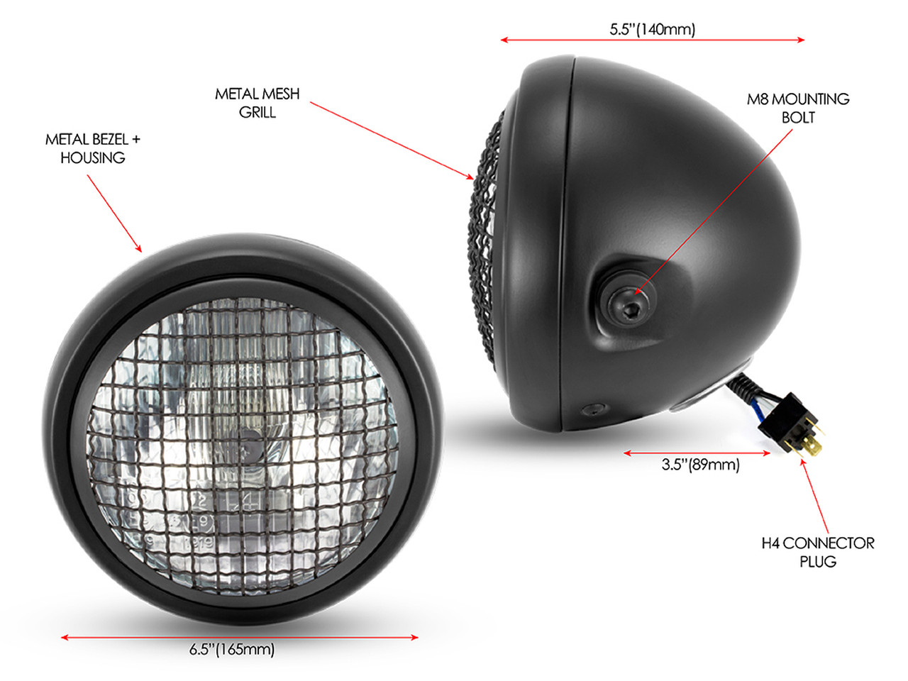 6 inch Motorcycle Headlight | Mesh Grill | Retro headlight | H4 Bulbs