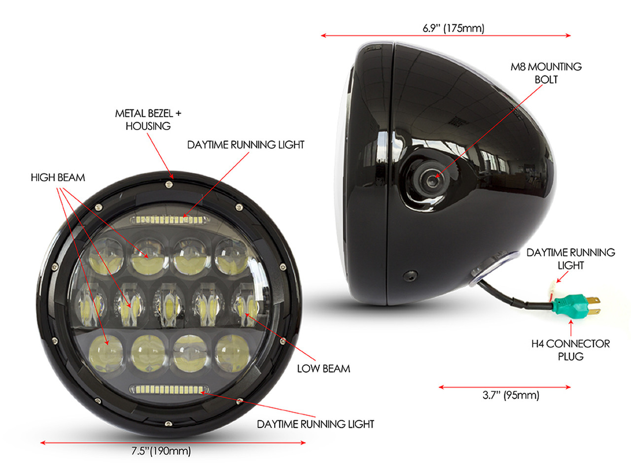 7" LED Motorcycle Headlight |Gloss Black Metal Bucket | Cafe Racer