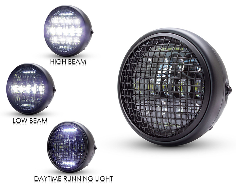 Motorcycle Headlight | 7" Black Multi Projector LED Mesh Grill || Mesh ...