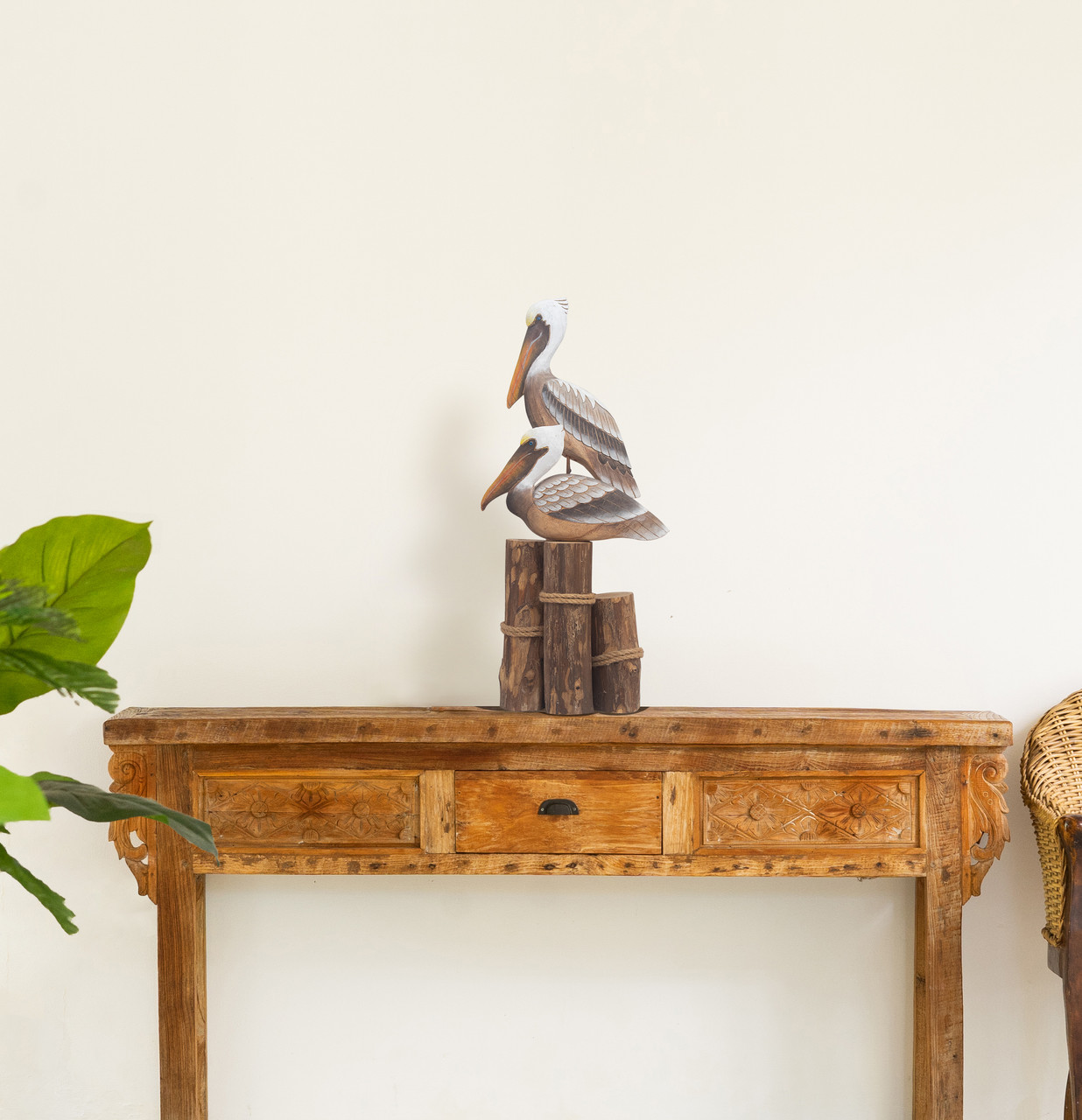 Hand Carved Wooden Pelicans on Piling Tabletop CW466