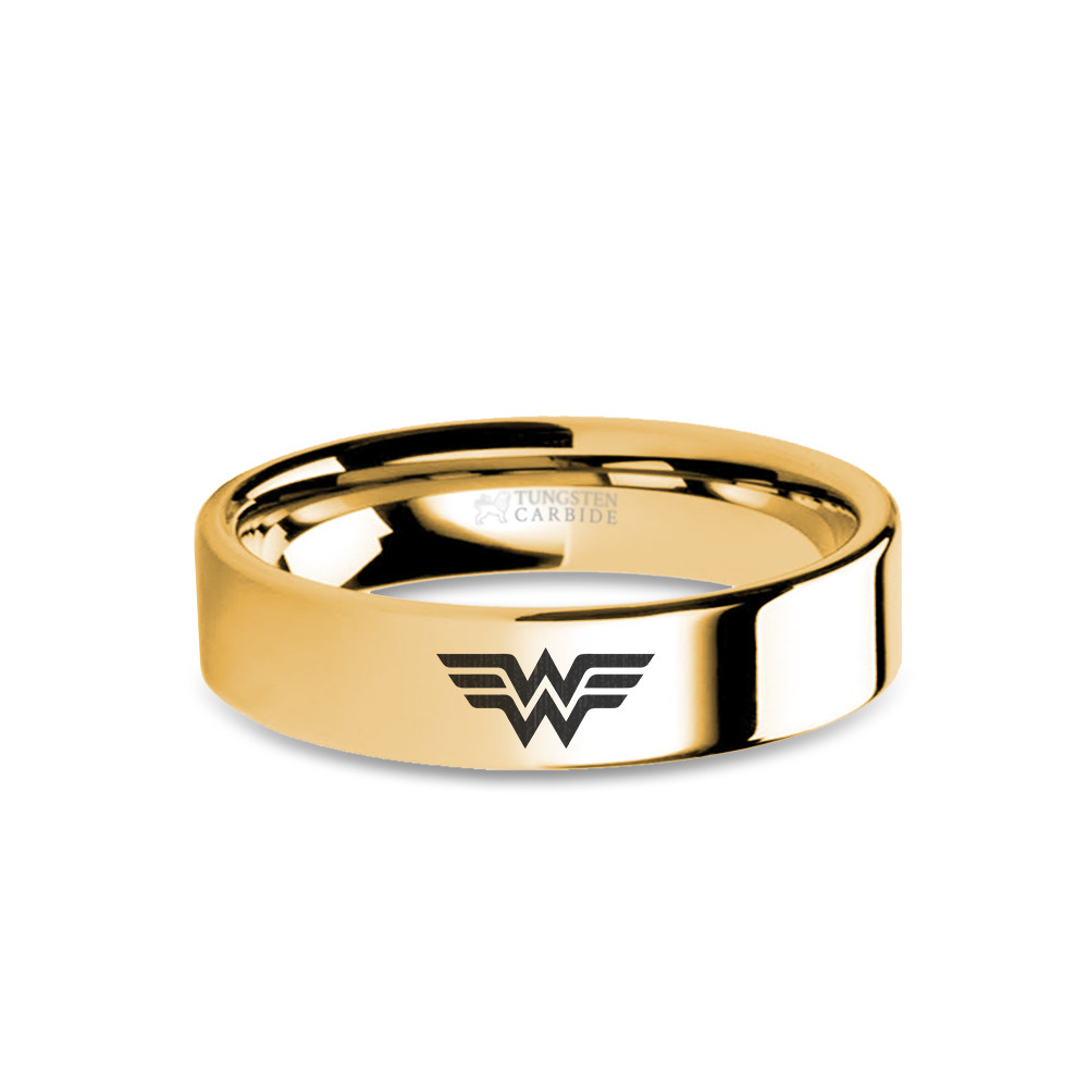 Wonder Woman "WW" Symbol Engraving Gold Tungsten Wedding Ring ...