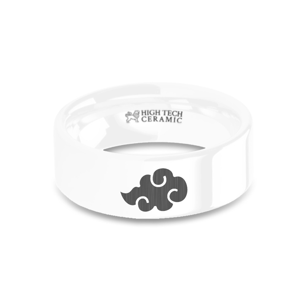 Naruto Akatsuki Cloud Emblem Engraved White Ceramic Wedding Band ...