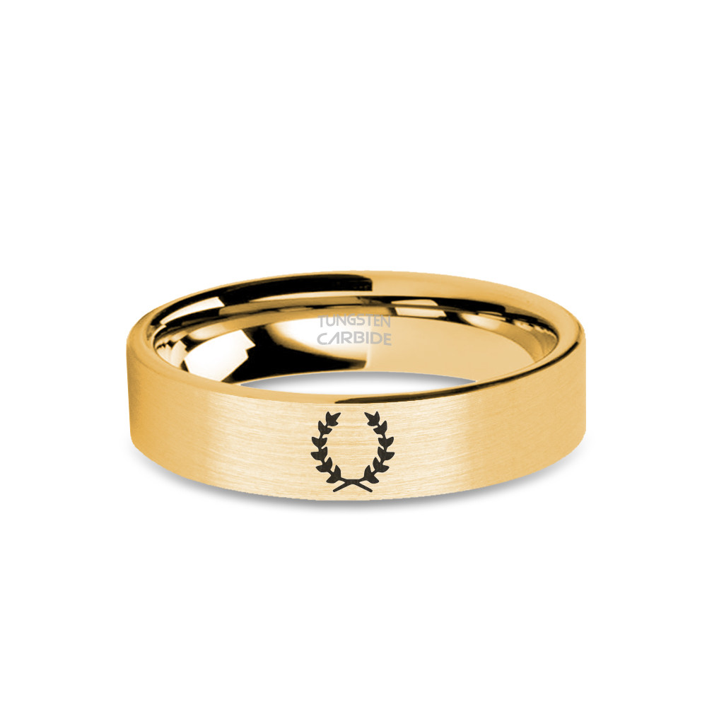 Stoic Laurel Wreath Symbol Brushed Yellow Gold Tungsten Ring - Timeless ...