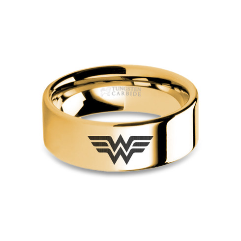 Wonder Woman "WW" Symbol Engraving Gold Tungsten Wedding Ring ...