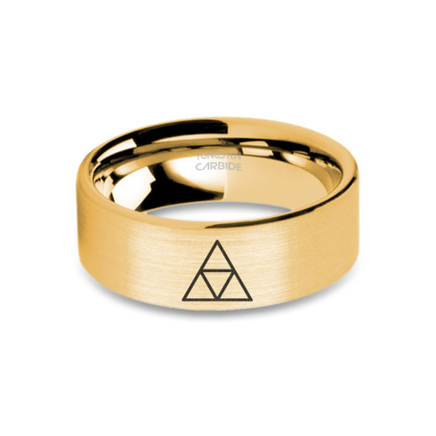 Triforce Triangle Symbol Engraved Brushed Yellow Gold Tungsten Ring ...