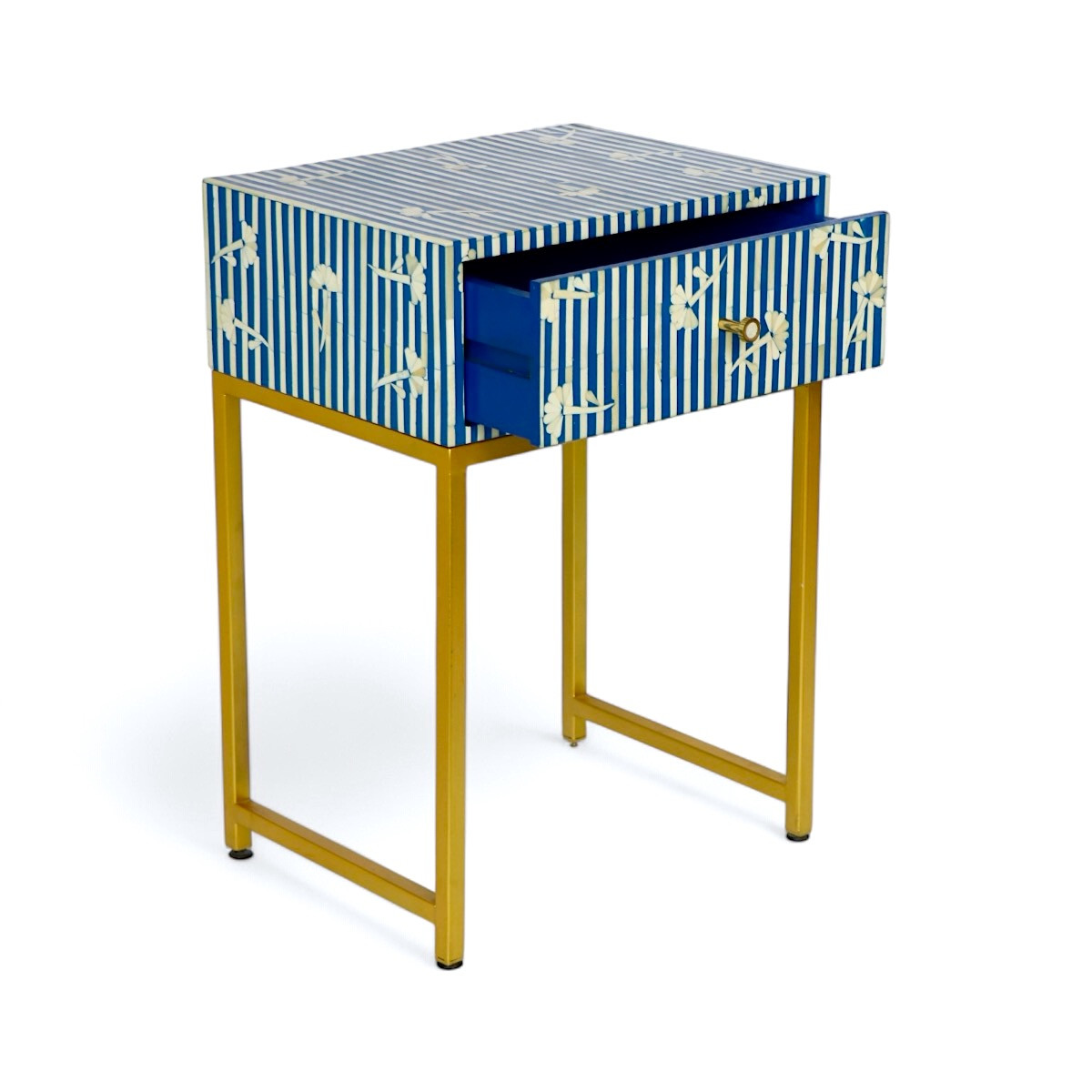 Bone Inlay Blue Bedside Table – Handcrafted Elegance