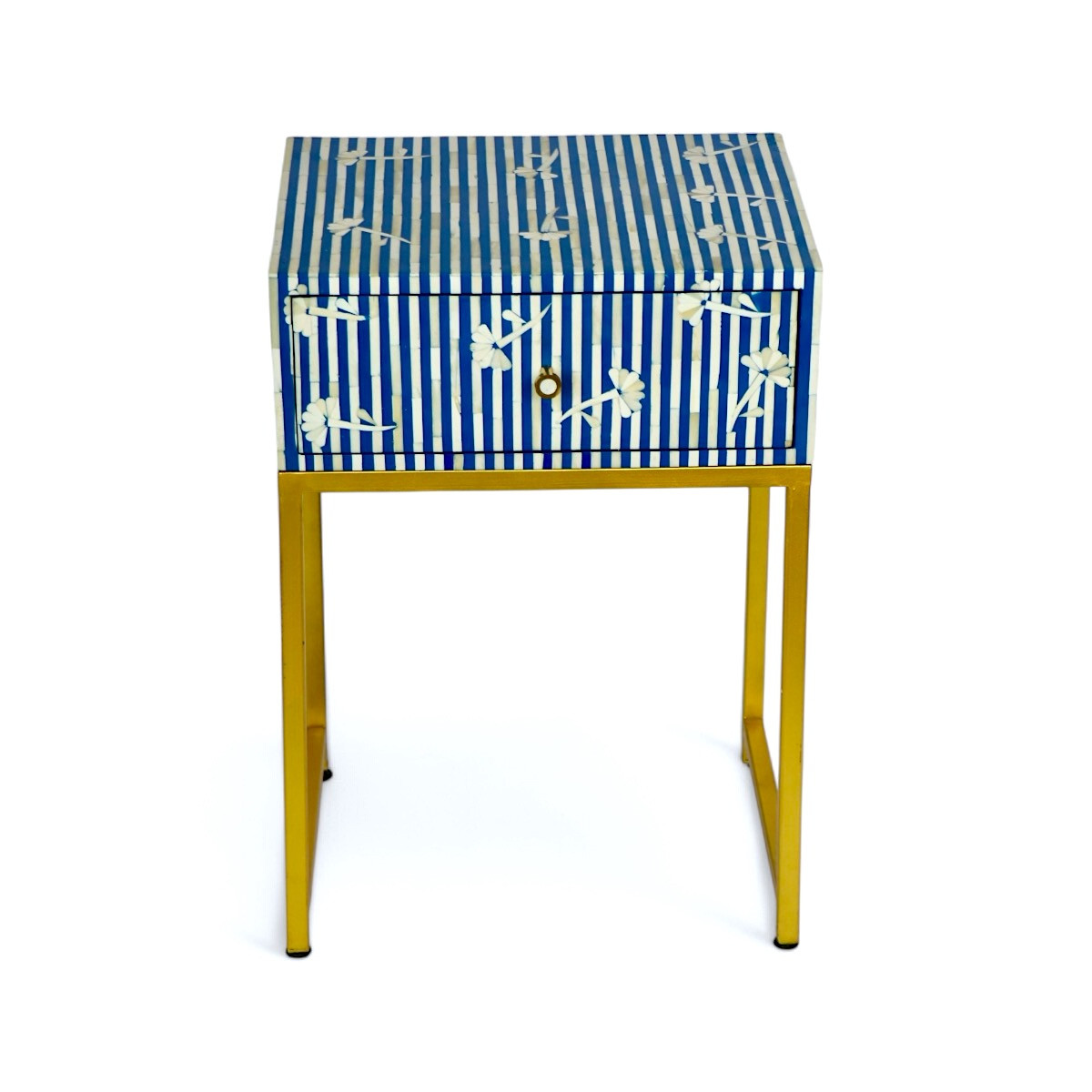 Bone Inlay Blue Bedside Table – Handcrafted Elegance