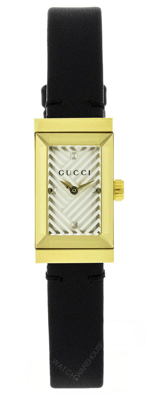 GUCCI G-Frame Silver Dial BLK Leather Strap Gold PVD SS Watch YA147506 ...
