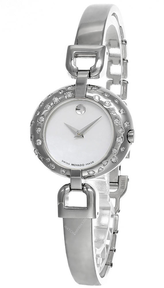 MOVADO Vivo SS White MOP Dial Diamond Bezel Bangle Women's Watch ...