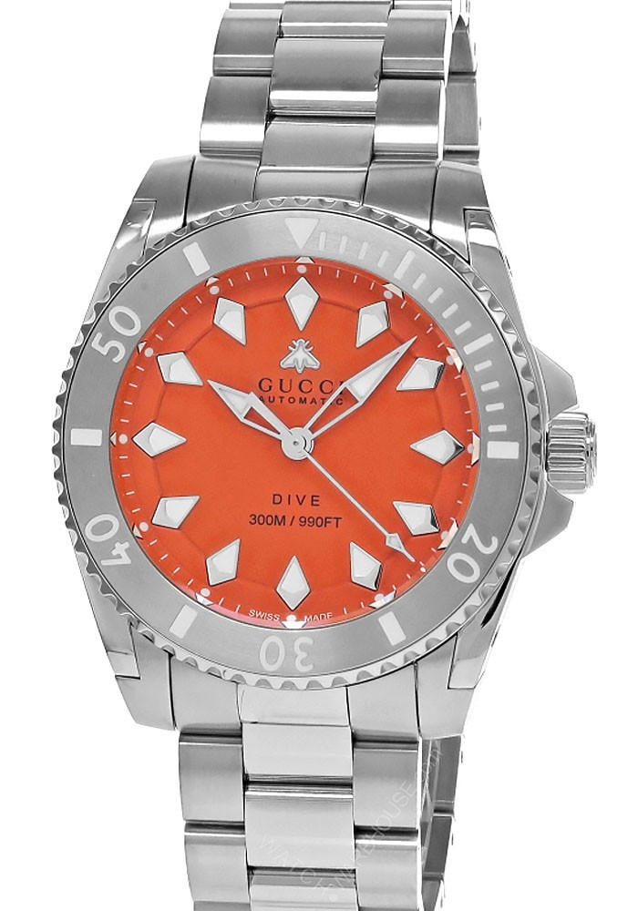 GUCCI Dive AUTO 40MM Stainless Steel Orange Dial Men's Watch YA136355 ...
