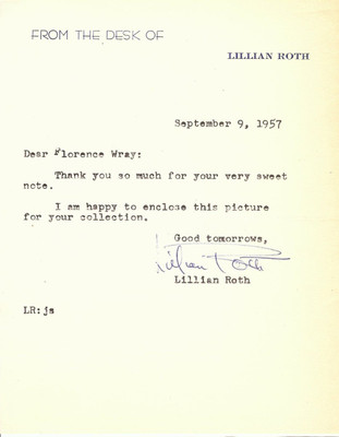 Lillian Roth Signed Autograph Personal Letter I'll Cry Tomorrow 1957 ...