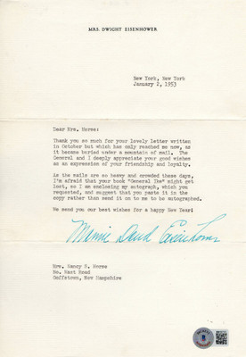 Mamie Eisenhower Signed Autographed Personal Letter First Lady 1953 BAS ...