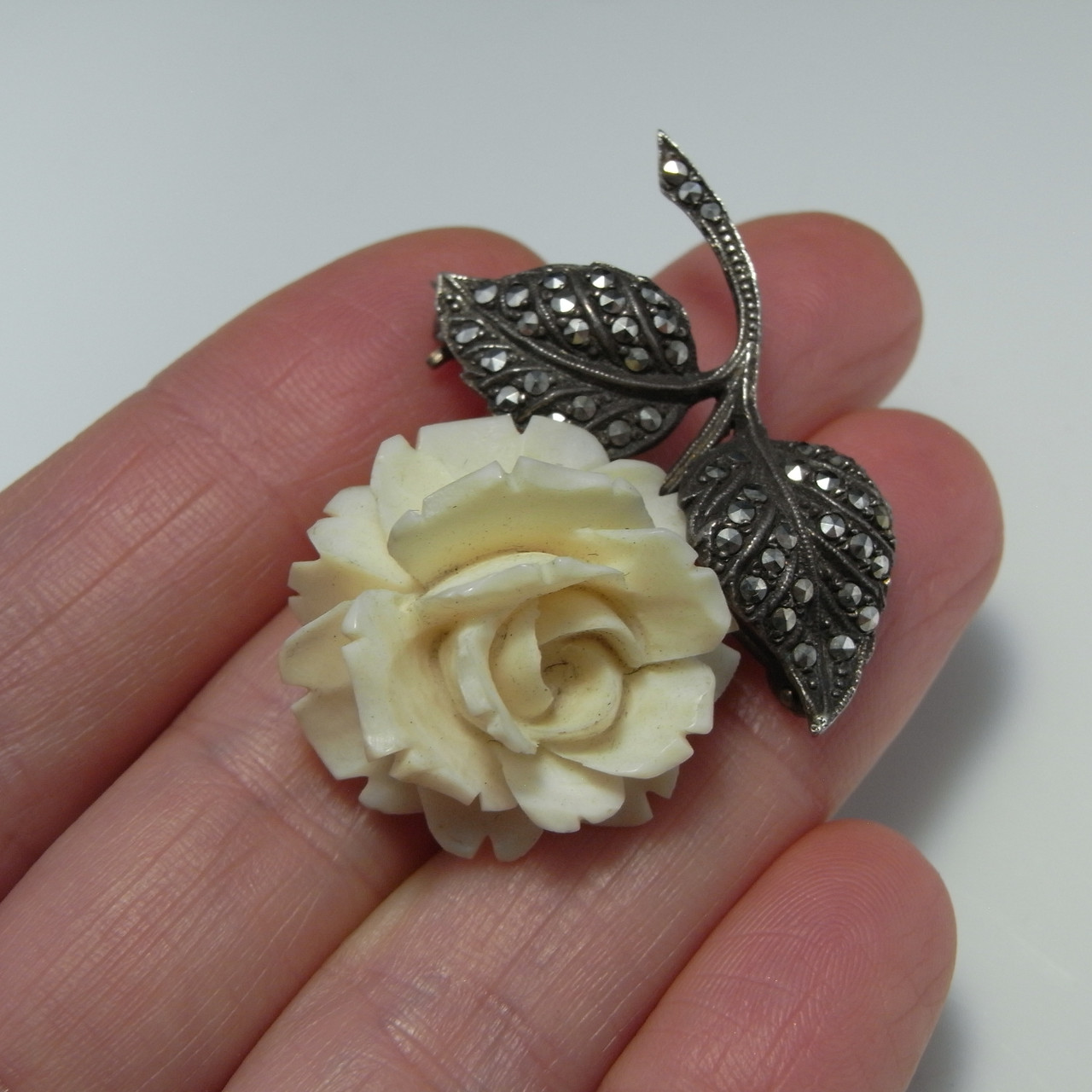 Red Ivory Rose Marcasite Sterling Silver Art Deco Brooch Pin