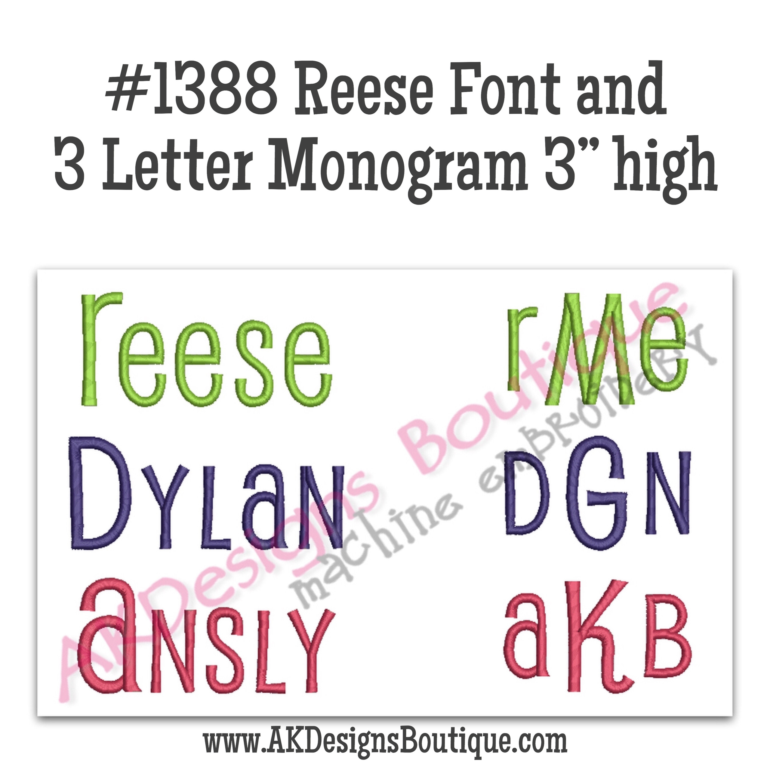 No 1388 Reese Font and 3 Letter Monogram Machine Embroidery Designs 3 ...