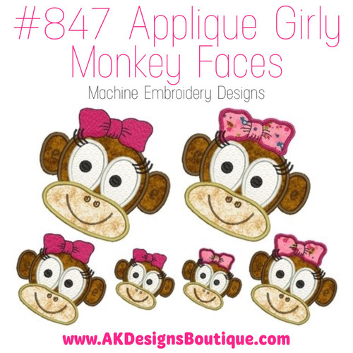 No 847 Girly Monkey Face Machine Embroidery Designs Adorable
