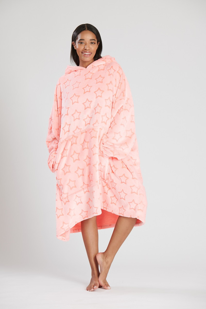 Ladies Pink Fluro Stars Plush Fleece Oversized Hoody | Heat Treats
