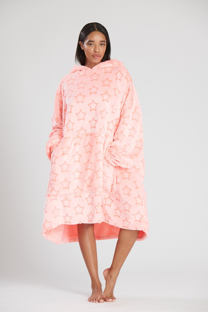 Ladies Pink Fluro Stars Plush Fleece Oversized Hoody | Heat Treats