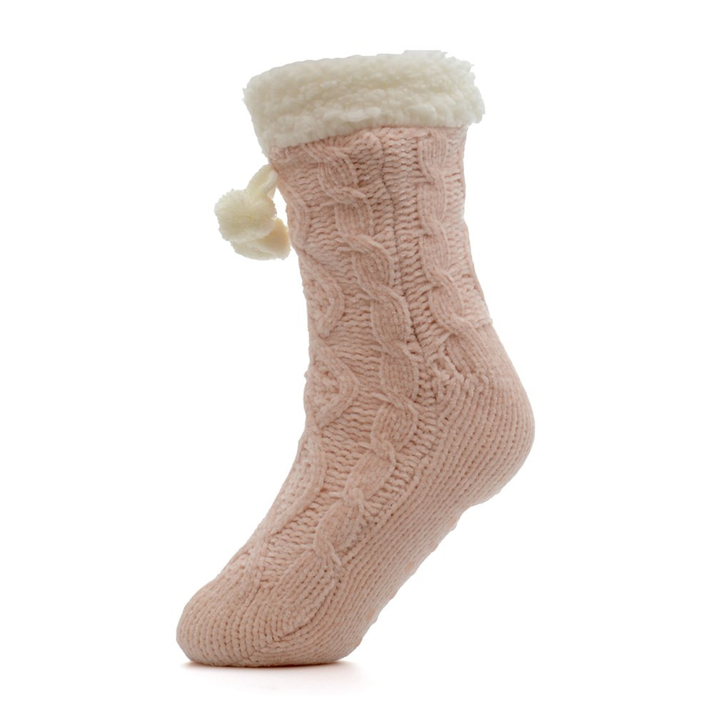 Foxbury Womens Pink Chenille Cable Knit Pompom Slipper Socks | Heat Treats