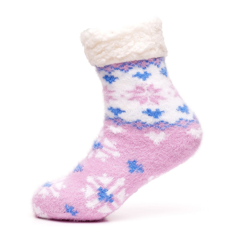 Foxbury Womens Pale Pink Fluffy Fairisle Slipper Socks | Heat Treats