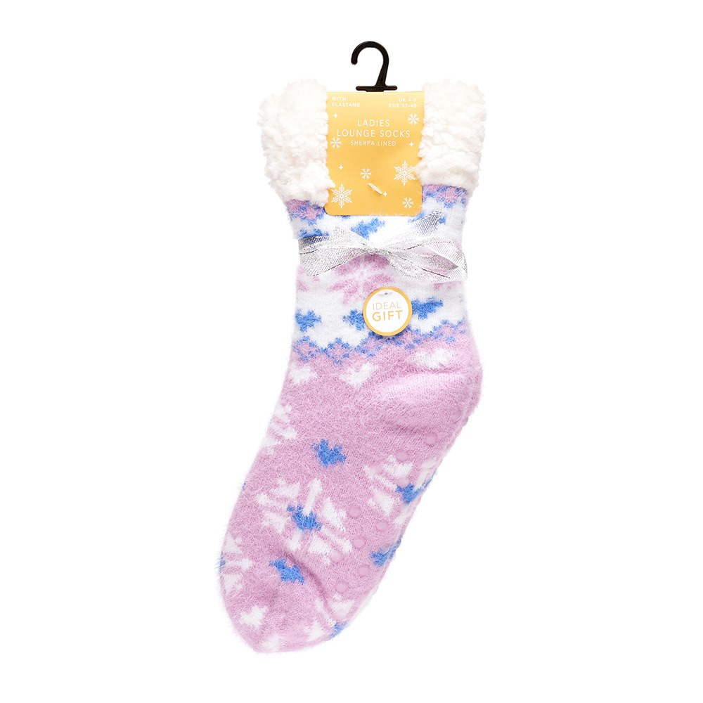 Foxbury Womens Pale Pink Fluffy Fairisle Slipper Socks | Heat Treats