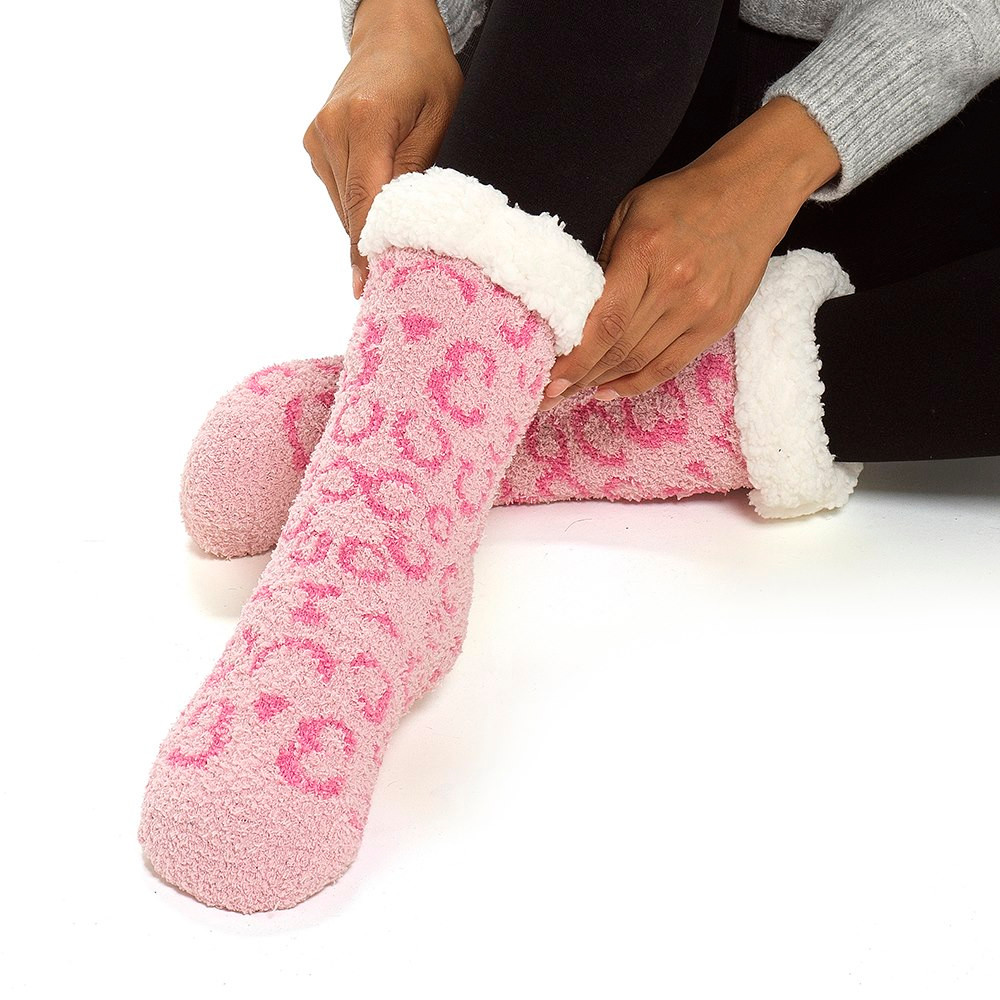 Foxbury Womens Pink Leopard Chenille Knit Slipper Socks| Heat Treats