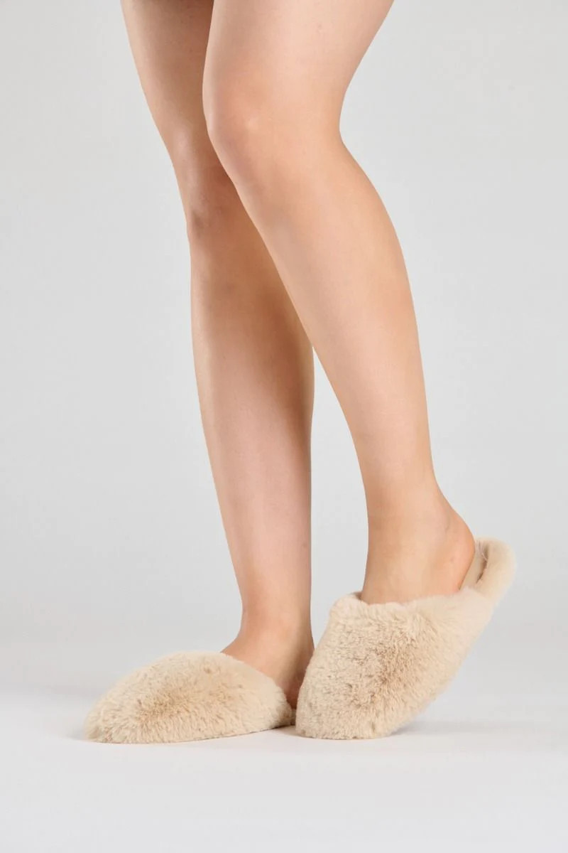 Ladies Nude Faux Fur Square Toe Slim Mule Slippers | Heat Treats