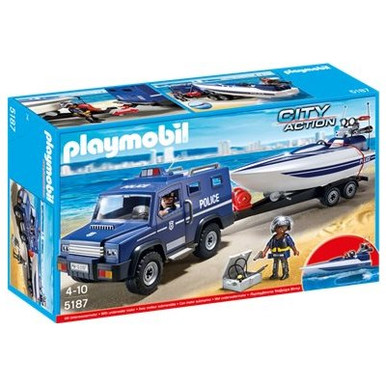 PLAYMOBIL POLICE TRUCK WITH SPEEDBOAT 5187 (DAMAGED BOX) - Malky's Toy ...