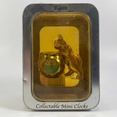 Elgin Cat Miniature Clock in a metal box