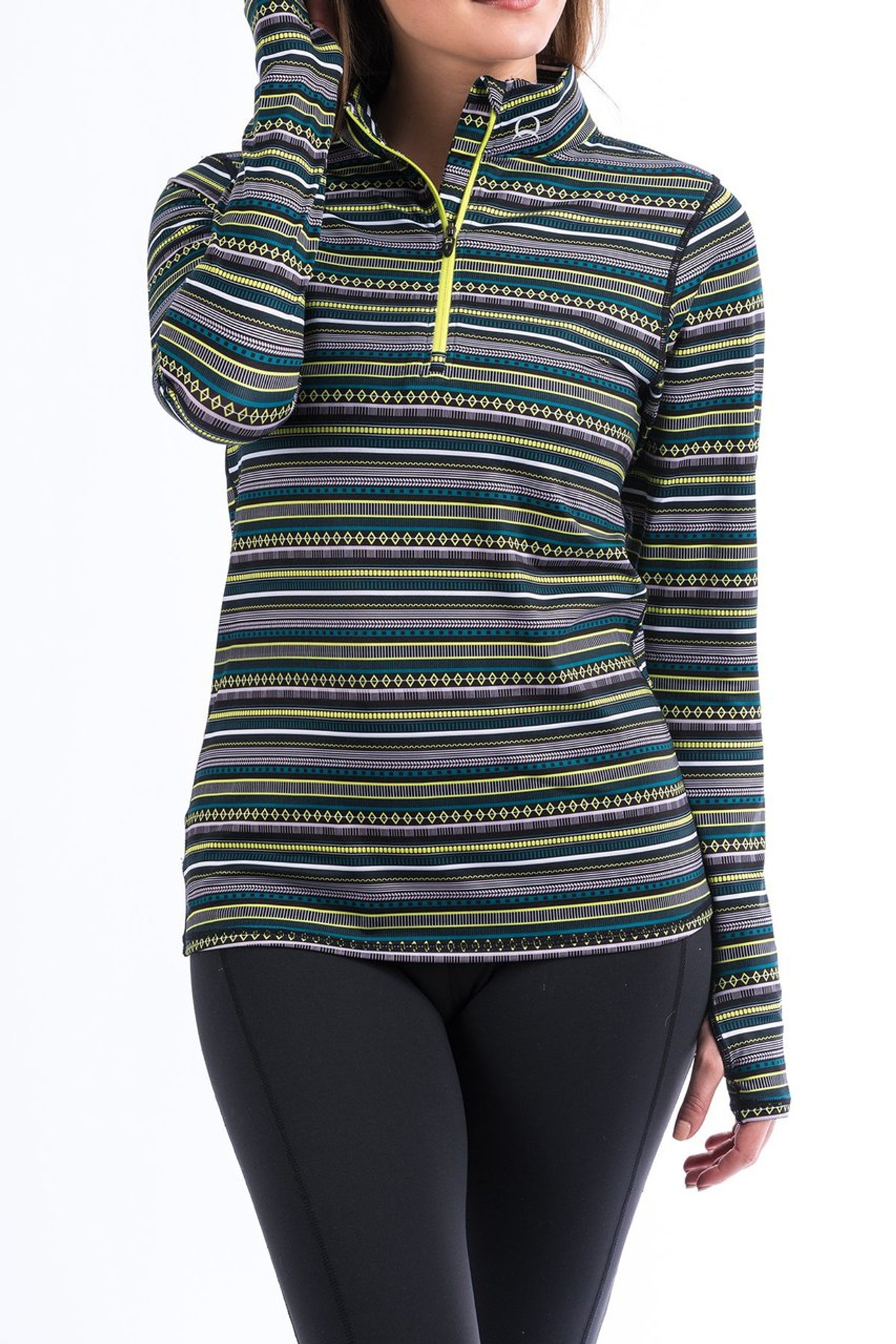 Womens Cinch Pullover Green Blue And White Aztec Stripe 1 4 Zip