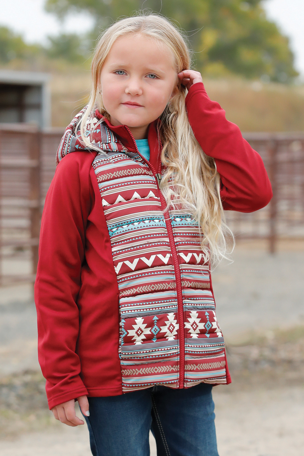 Girls Cruel Jacket, Bonded, Red Colorblock Aztec - Chick Elms Grand ...