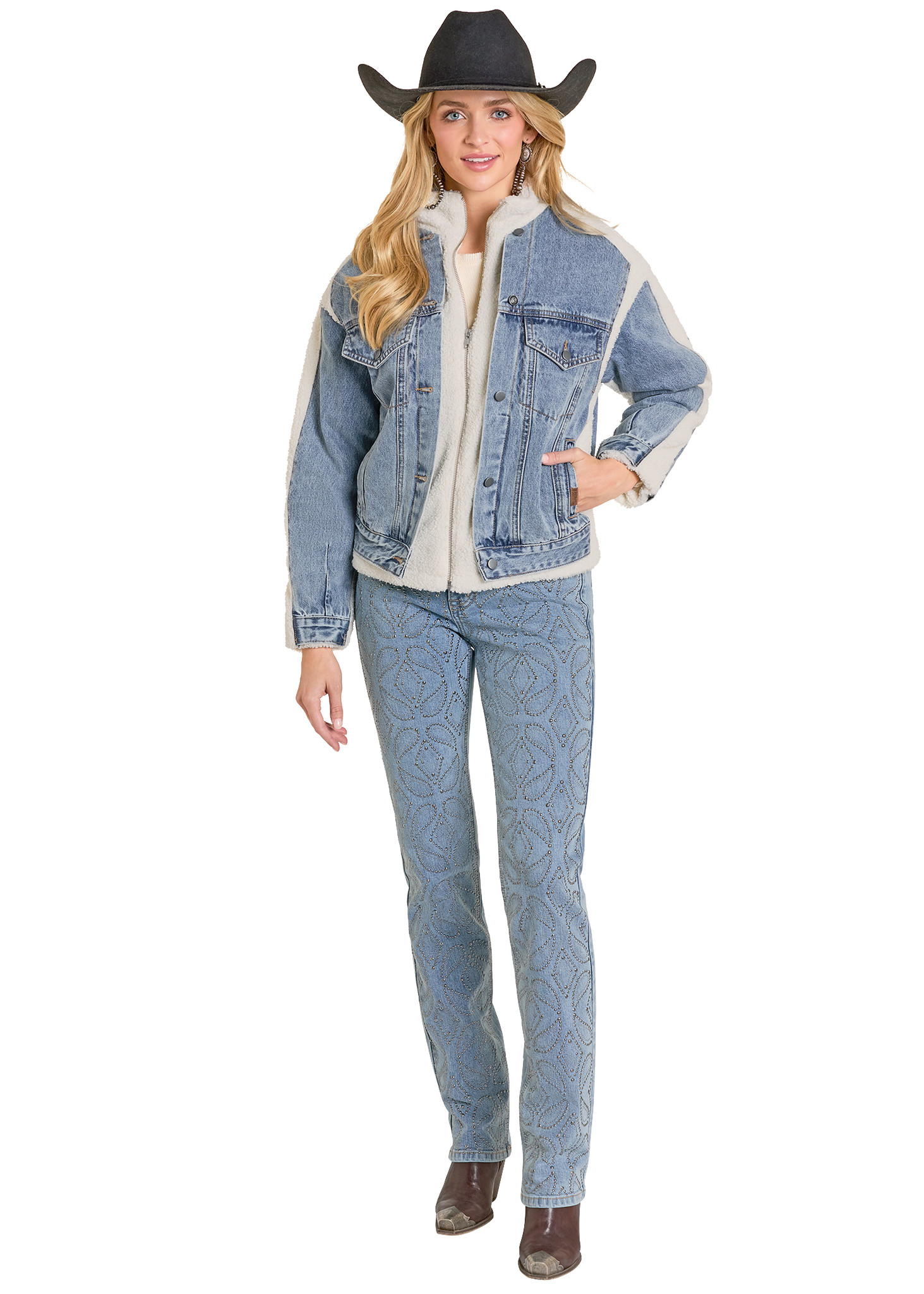 Women's Rock & Roll Jacket, Light Wash Denim with Sherpa - Chick Elms ...