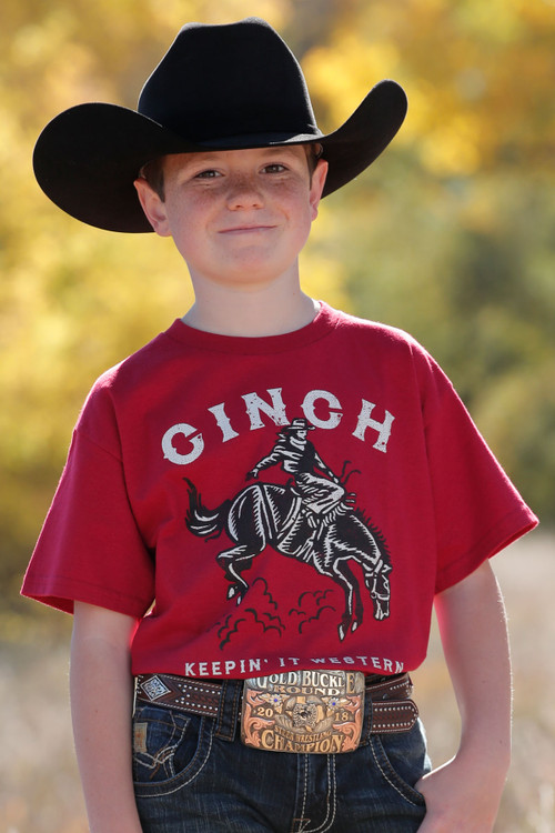 Boys Cinch Tee, Red with Bronc Rider - Chick Elms Grand Entry Western ...