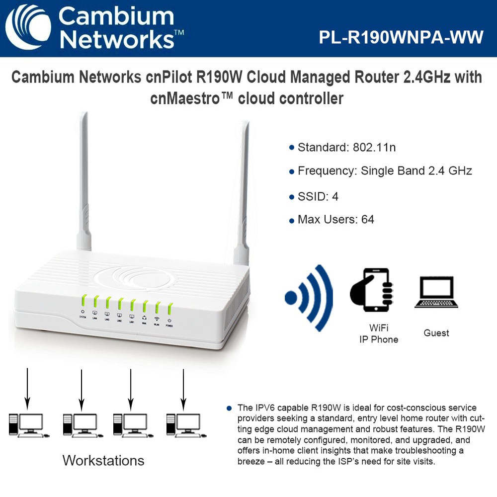 Cambium cnPilot R190W PL-R190WNPA-WW Cloud Managed Router 2.4GHz
