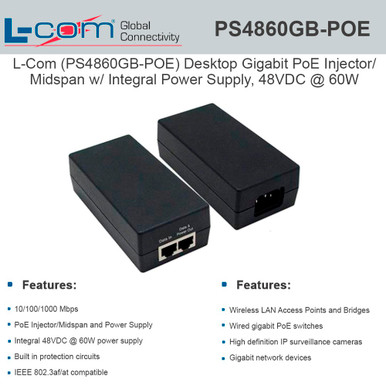 L-com (PS4860GB-POE) Desktop Gigabit PoE Injector/Midspan w/ Integral ...