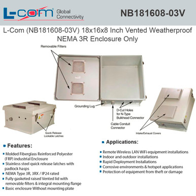 L-Com (NB181608-03V) 18x16x8 Inch Vented Weatherproof NEMA 3R Enclosure ...