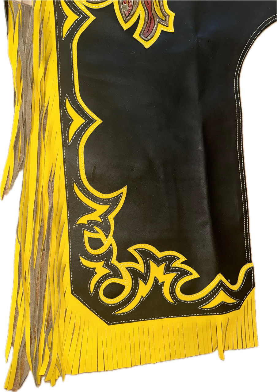 Adult Bull Riding Chaps Black/Yellow with Skeleton Chief