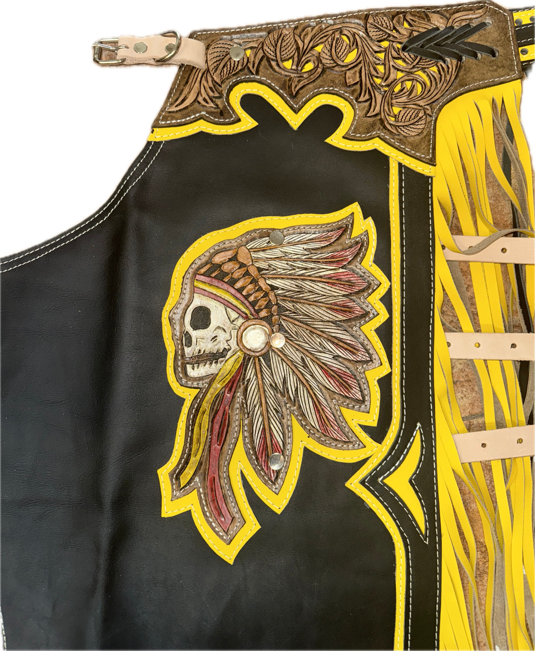 Adult Bull Riding Chaps Black/Yellow with Skeleton Chief