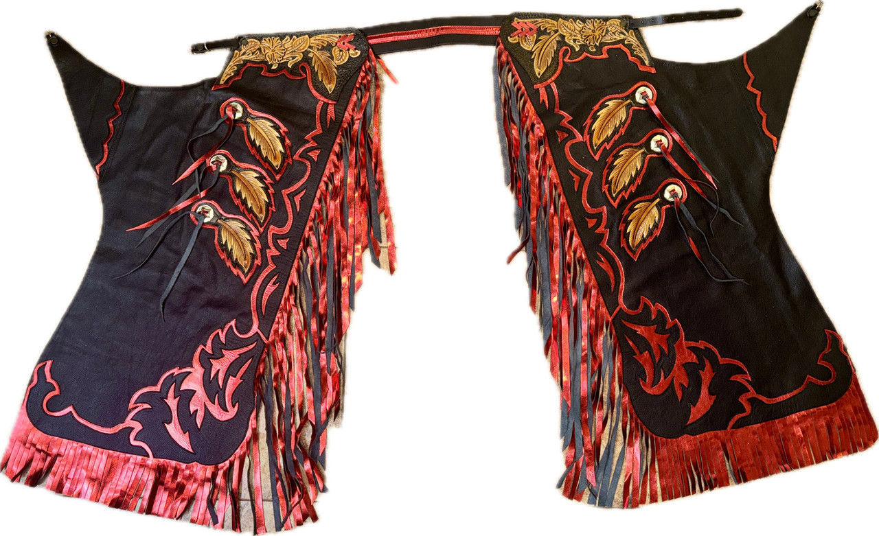 Black and Red Bull Riding Chaps Red Fringe 35–40 in