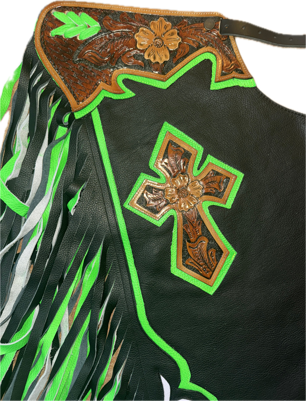 Black Green Cross Bull Riding Chaps 29–34 Waist Size