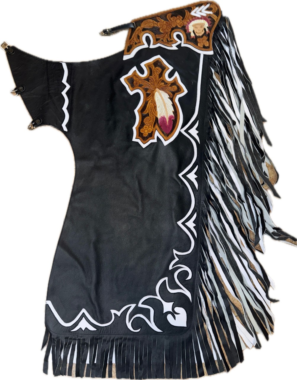 Bull Riding Chaps Black/White Feather Cross Design