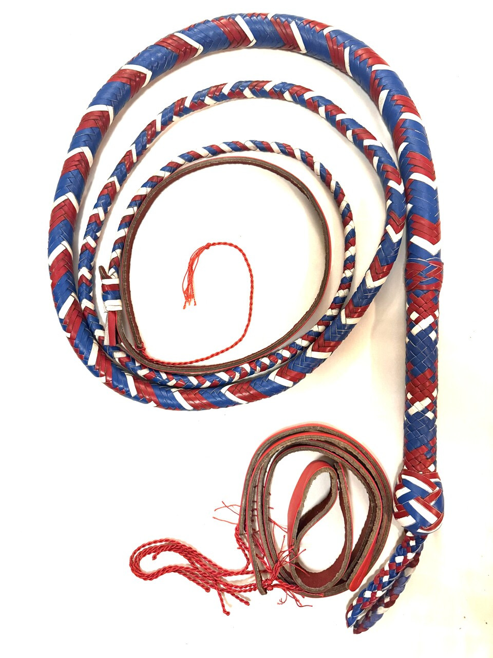 Handmade Leather Bull Whip in Red, White, and Blue, 16 Ply