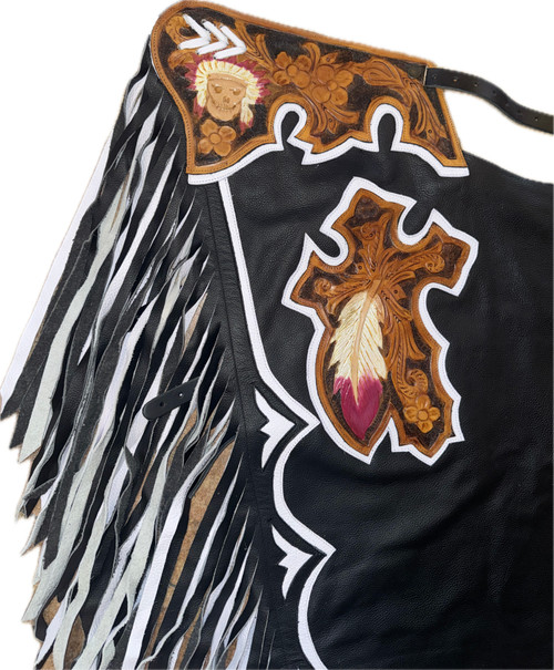 Adult Bull Riding Chaps - Black & White Feather Cross Design