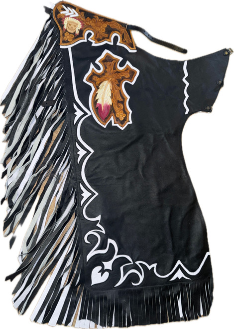 Adult Bull Riding Chaps - Black & White Feather Cross Design