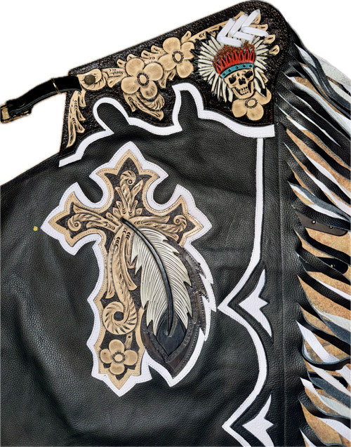 Black White Feather Skull Bull Riding Chaps 36–40 Size