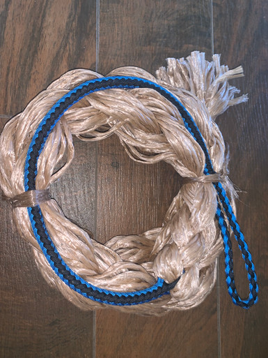 Adult Tan Poly Saddle Bronc Rein Black & Blue 6ft - EPT Bull Ropes