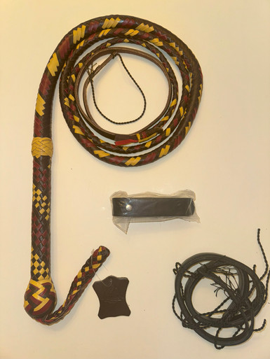 Black, Maroon & Tan Leather Bull Whip - 4ft | EPT Bull Ropes